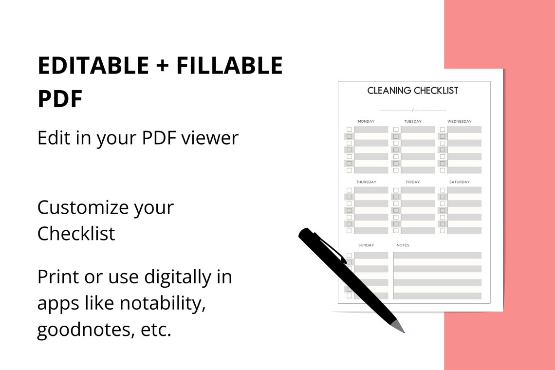 Cleaning Checklist Editable Fillable Digital Printable for Goodnotes ...
