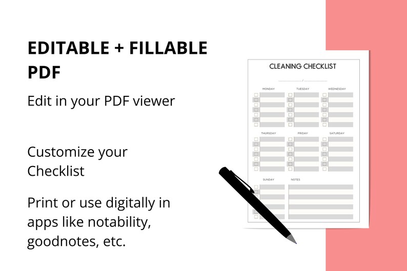 Cleaning Checklist Editable Fillable Digital Printable for Goodnotes ...