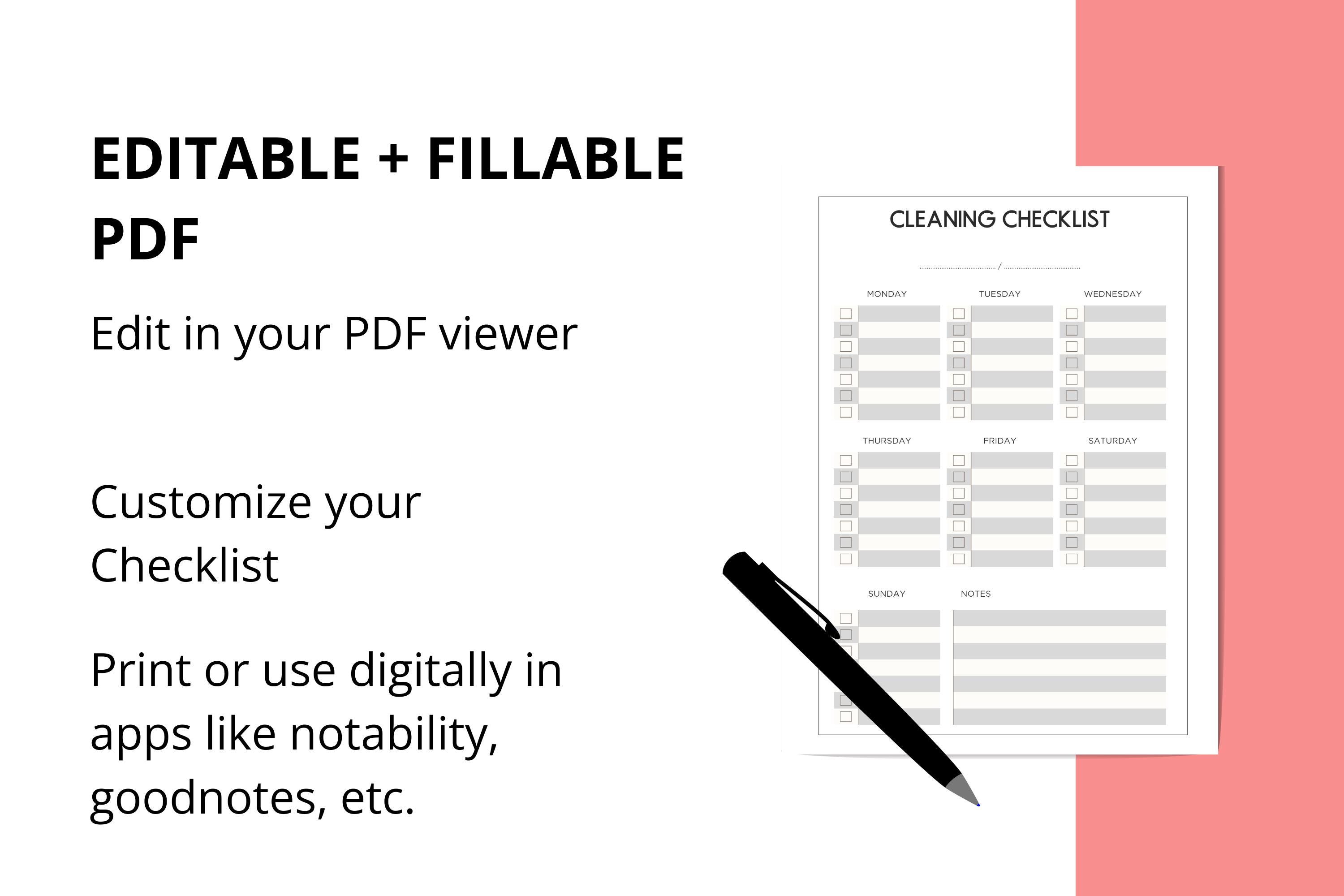 Cleaning Checklist Editable Fillable Digital Printable for Goodnotes ...