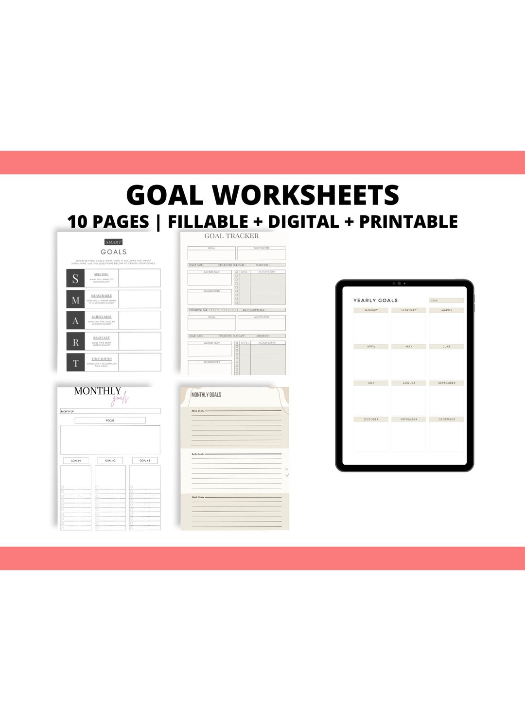 Goal Setting Printable Worksheets Digital, Fillable US Letter Goal ...