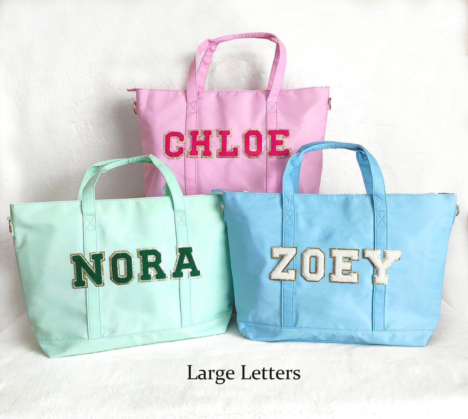 Personalized Tote Bag Sewn Patches Nylon Tote Bag With Chenille Letter ...