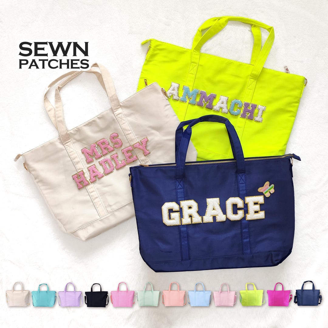 Sewn Patches Tote Bag Personalized Nylon Tote Bag With Chenille Letter ...