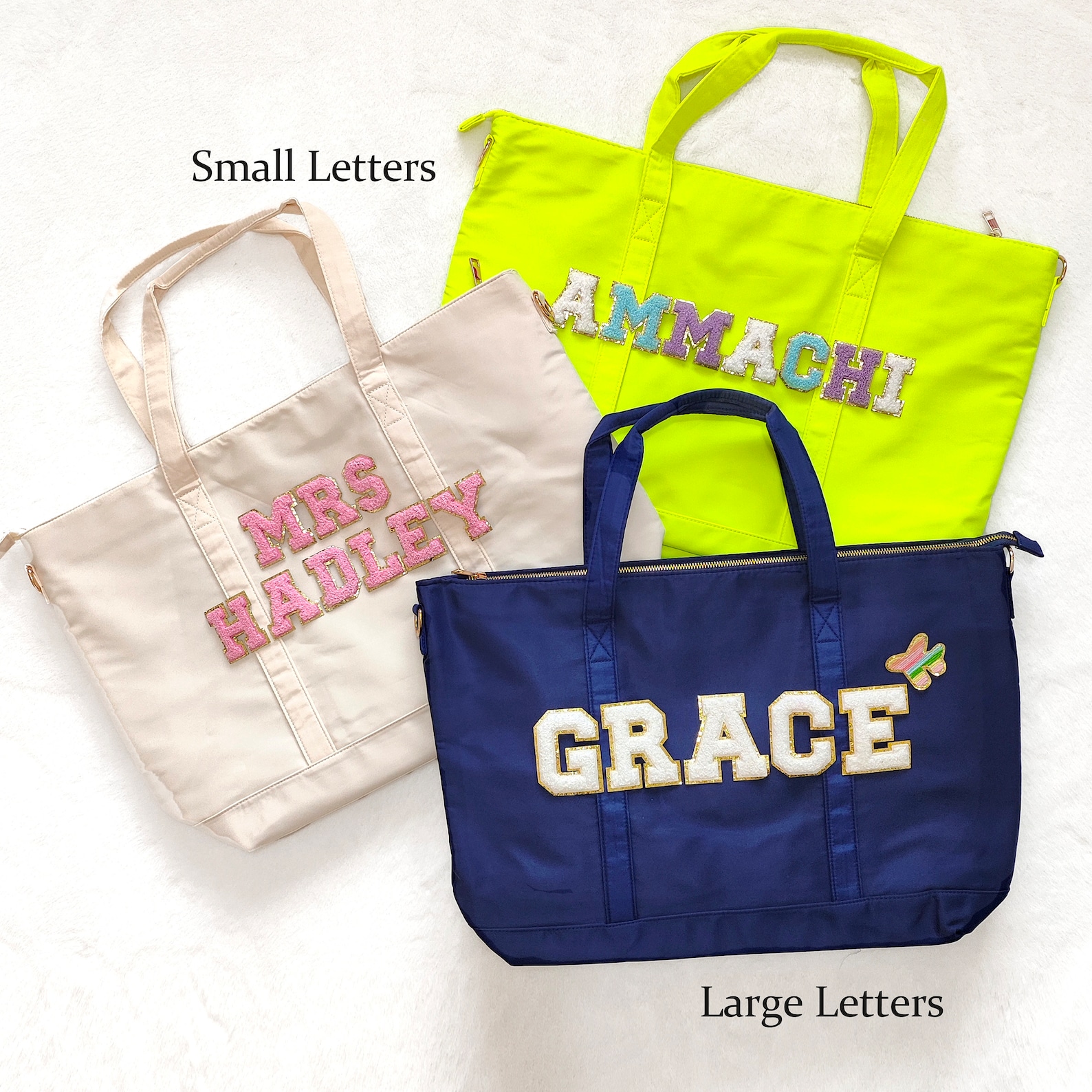 Personalized Tote Bag Sewn Patches Nylon Tote Bag With Chenille Letter ...