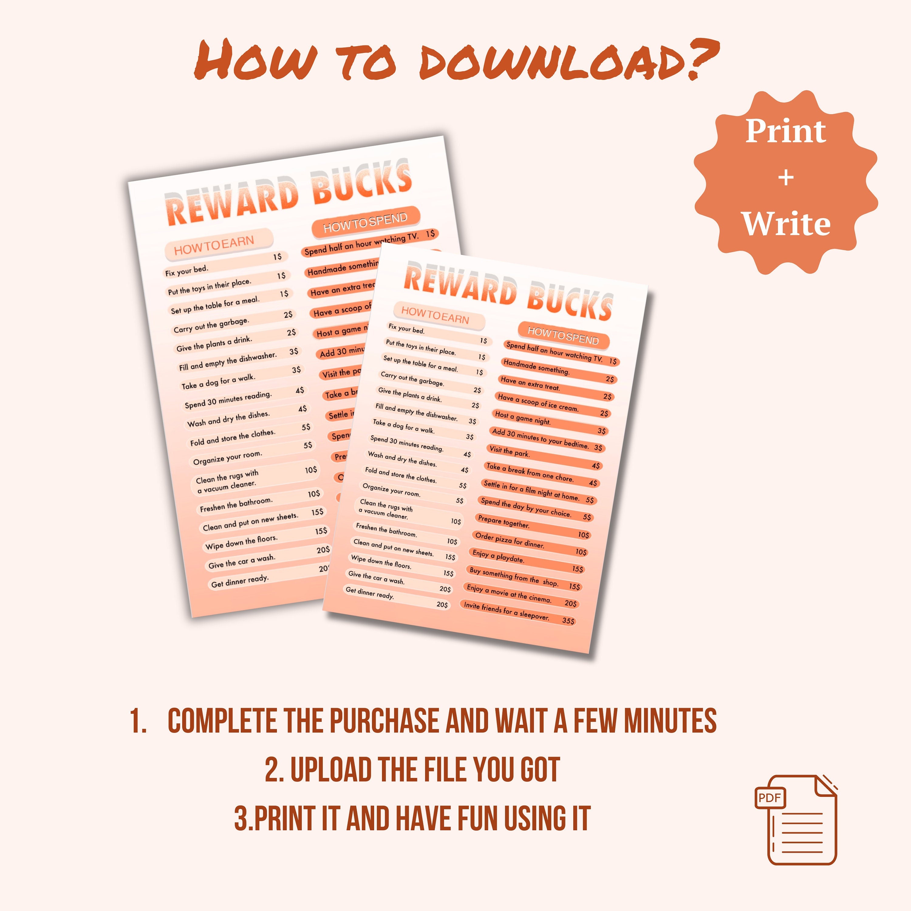 Editable Kids Reward Bucks PRINTABLE Reward Chart for Kids Reward Chore ...