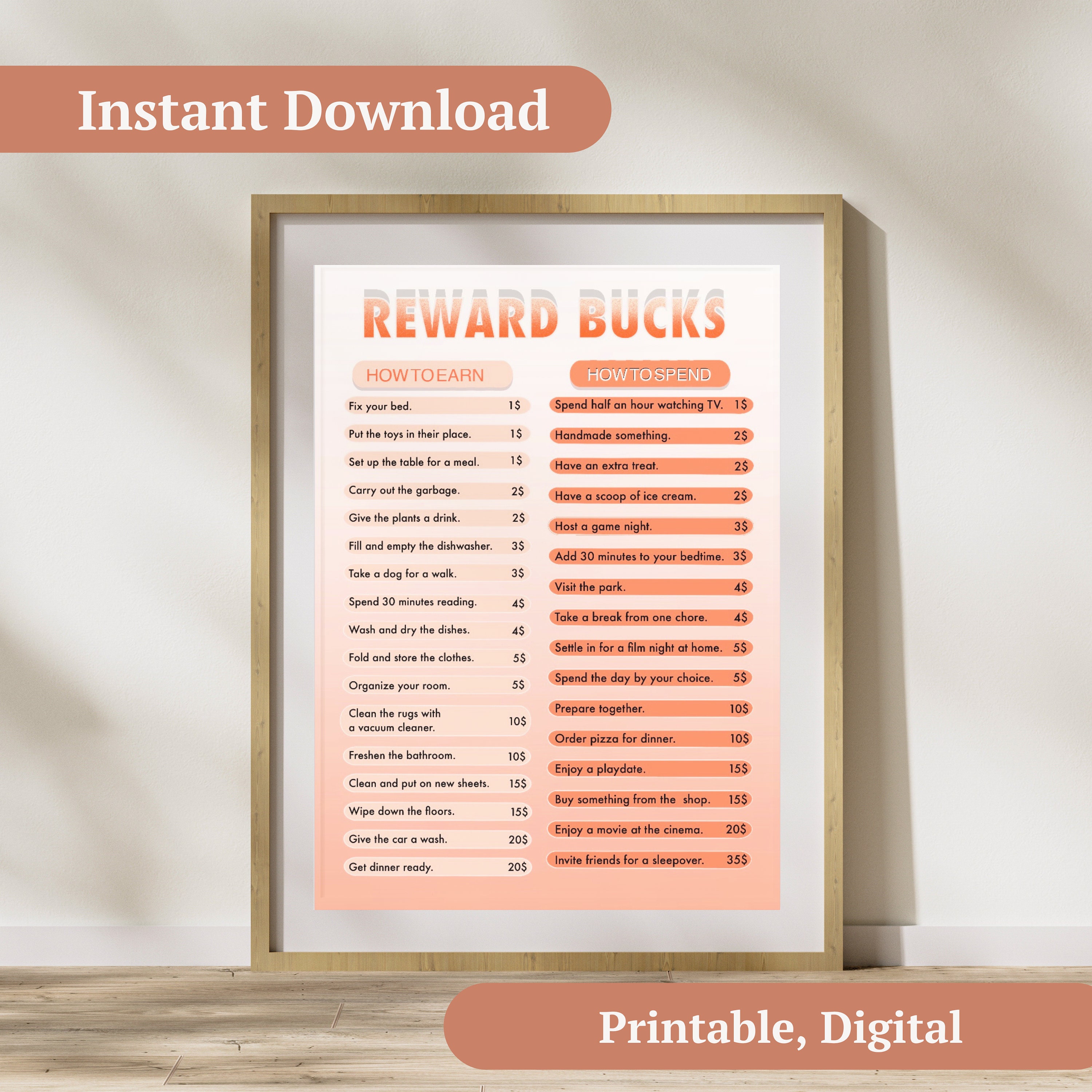 Editable Kids Reward Bucks PRINTABLE Reward Chart for Kids Reward Chore ...