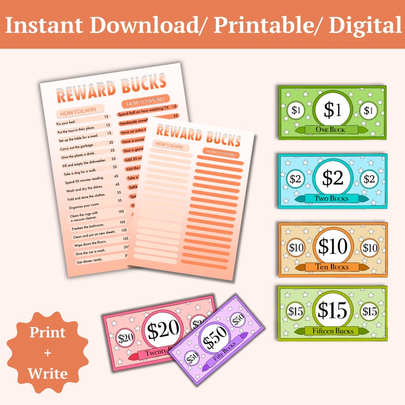 Editable Kids Reward Bucks PRINTABLE Reward Chart for Kids Reward Chore ...