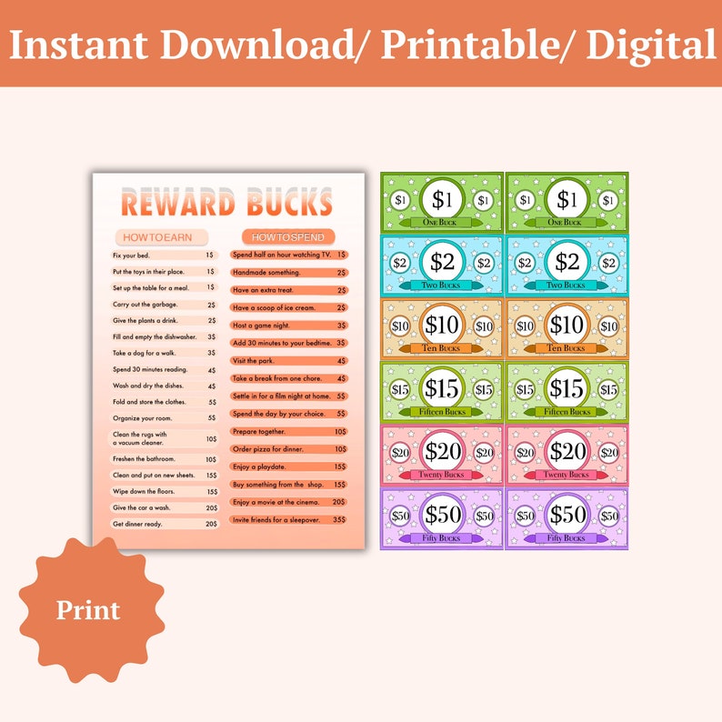 Editable Kids Reward Bucks PRINTABLE Reward Chart for Kids Reward Chore ...