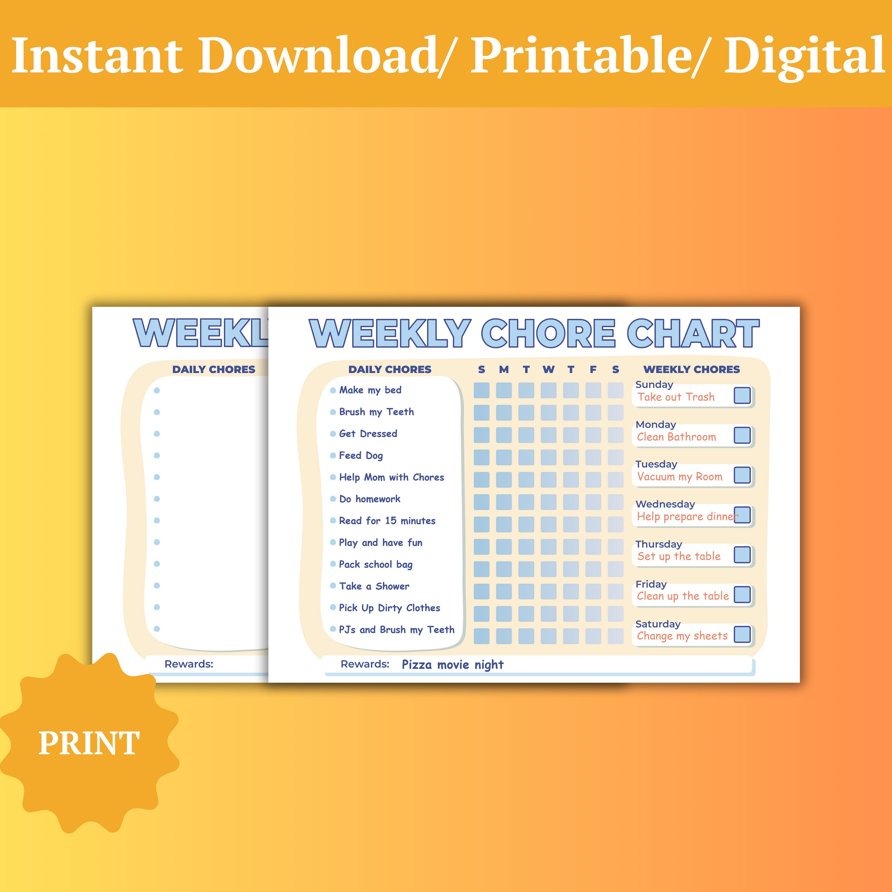 Printable Chore Chart for Kids Kids Daily Weekly Responsibility Chart ...