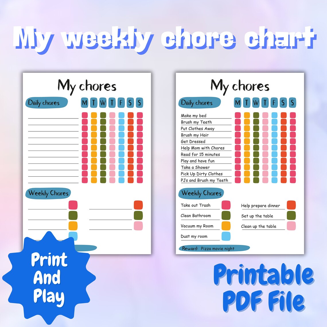 Chore Chart for Kids Printable Kids Daily Weekly Responsibility Chart ...
