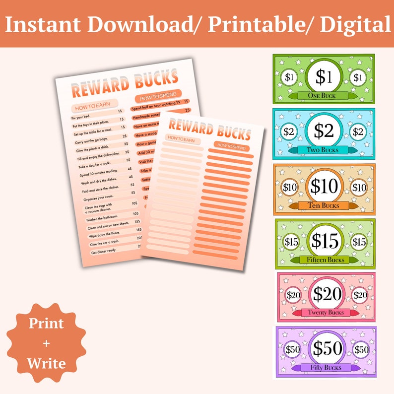 Editable Kids Reward Bucks PRINTABLE Reward Chart for Kids Reward Chore ...