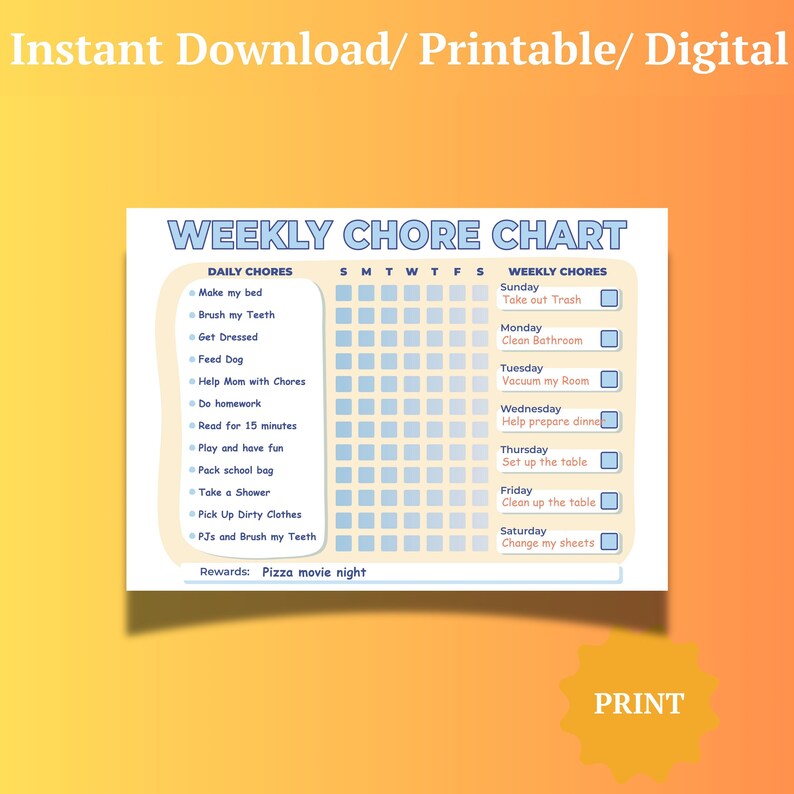 Printable Chore Chart for Kids Kids Daily Weekly Responsibility Chart ...