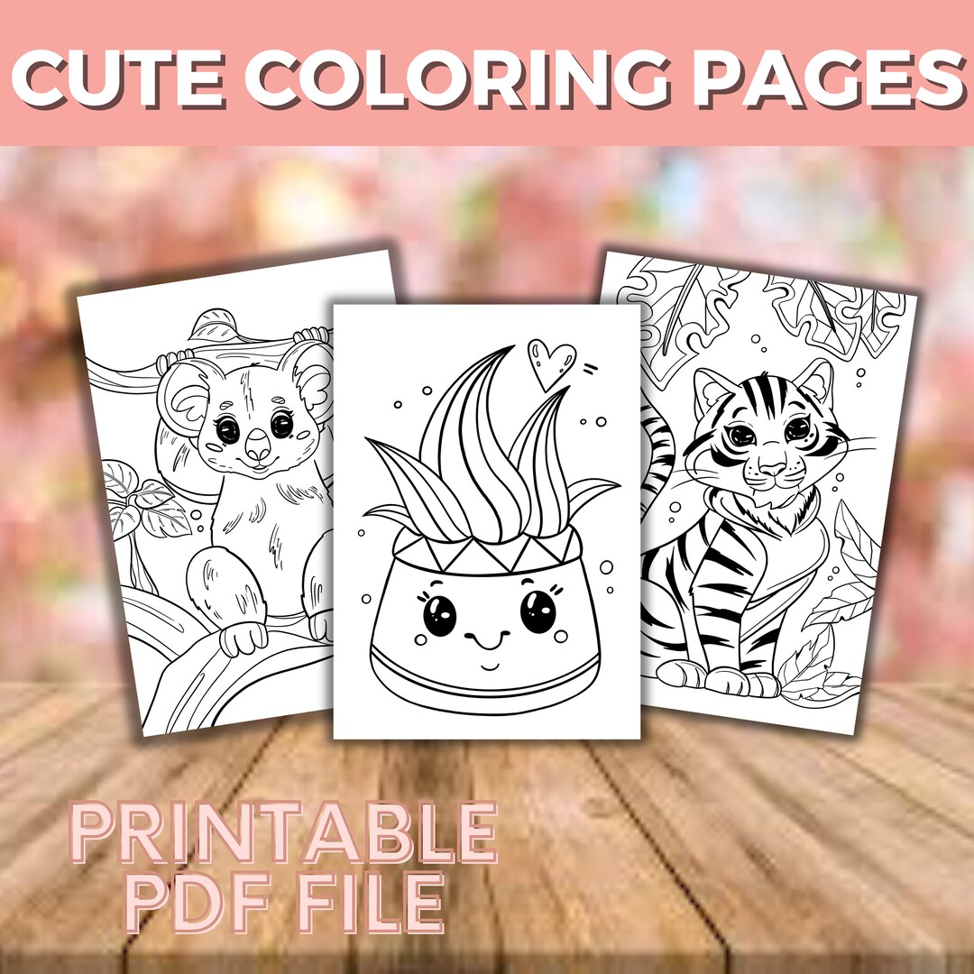 Animal Kawaii Coloring Pages Set 6 Images Coloring Sheets for Kids ...