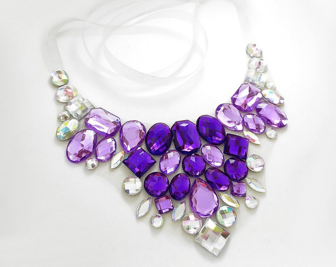 Purple Rhinestone Bib Necklace, Purple AB Rhinestone Statement Necklace ...