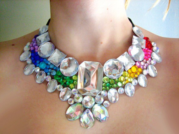 Items similar to Rainbow Rhinestone Statement Necklace, Rainbow Bib ...