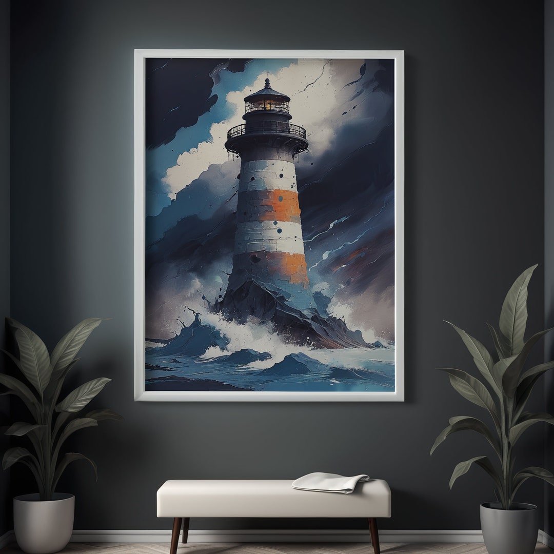 Lighthouse in the Roaring Sea Expressionism Canvas Poster Acrylic Ready ...