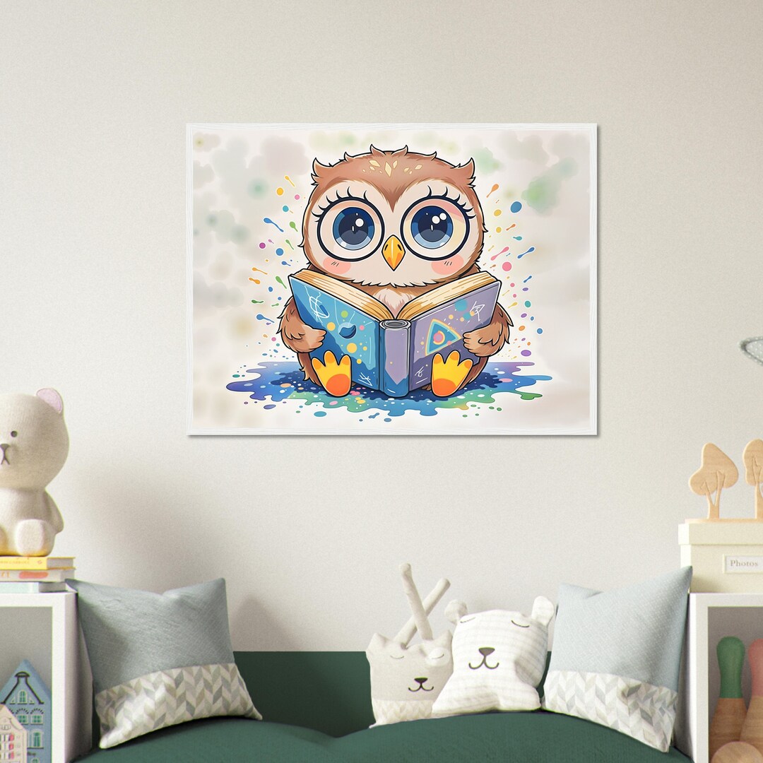 Owl Reading a Book Nursery Canvas Poster Acryl for Kids Colourful Ready ...