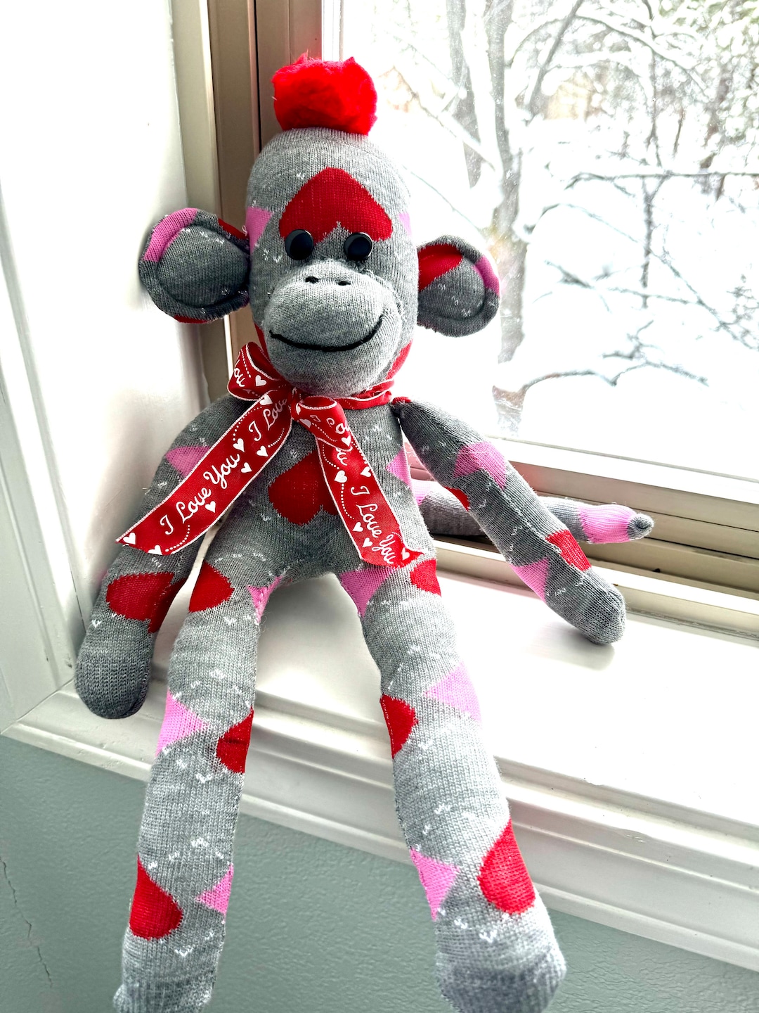 Valentine Sock Monkey Doll Stuffed Animal Handmade Gray With Red Pink ...