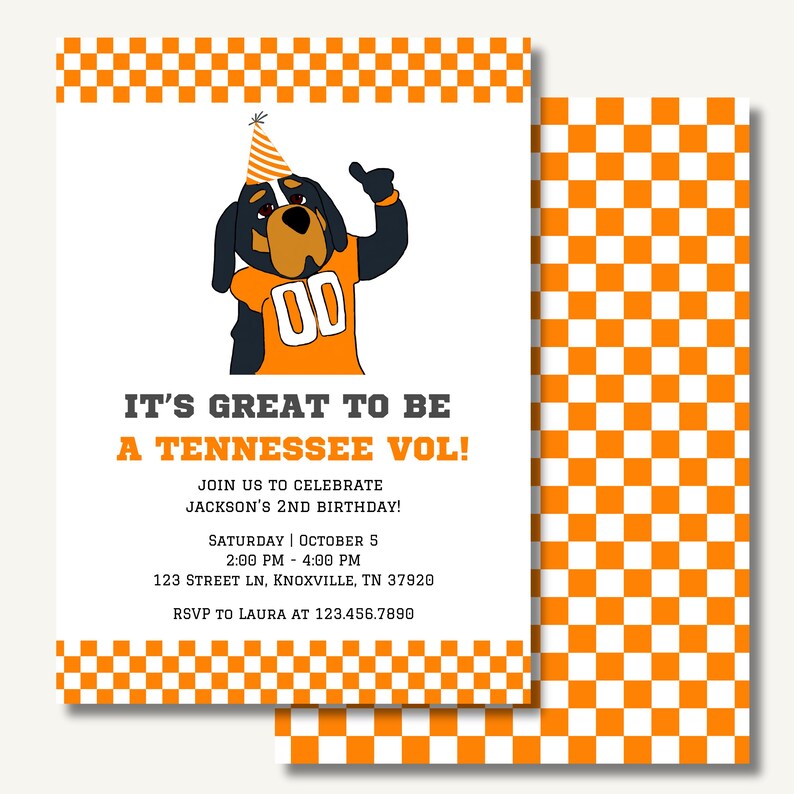 Tennessee Vols Birthday Party Invitation: Smokey Mascot, Orange Sports ...