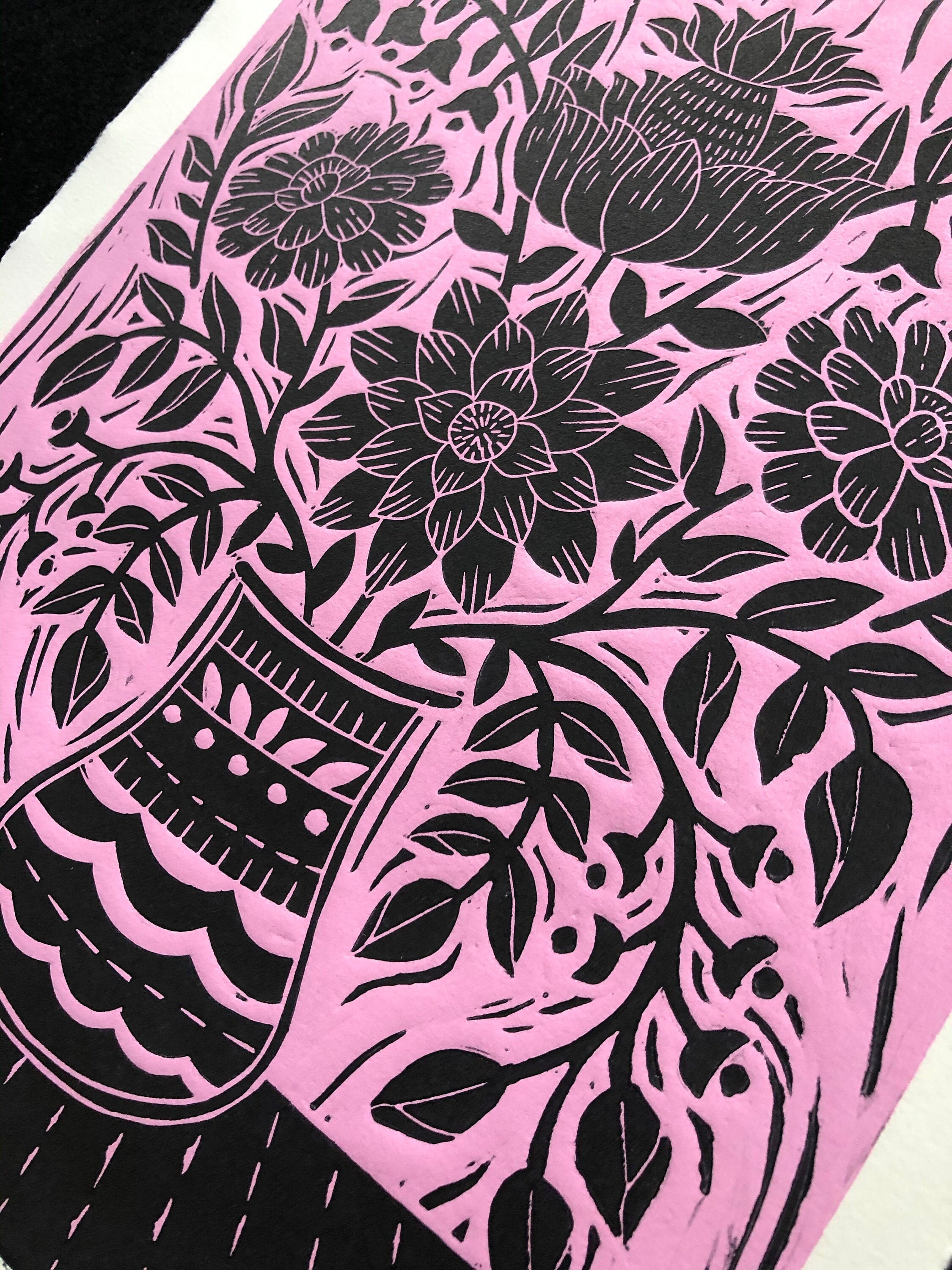 VASE 5 With PINK: Handmade Lino Print of Vase of Flowers - Etsy
