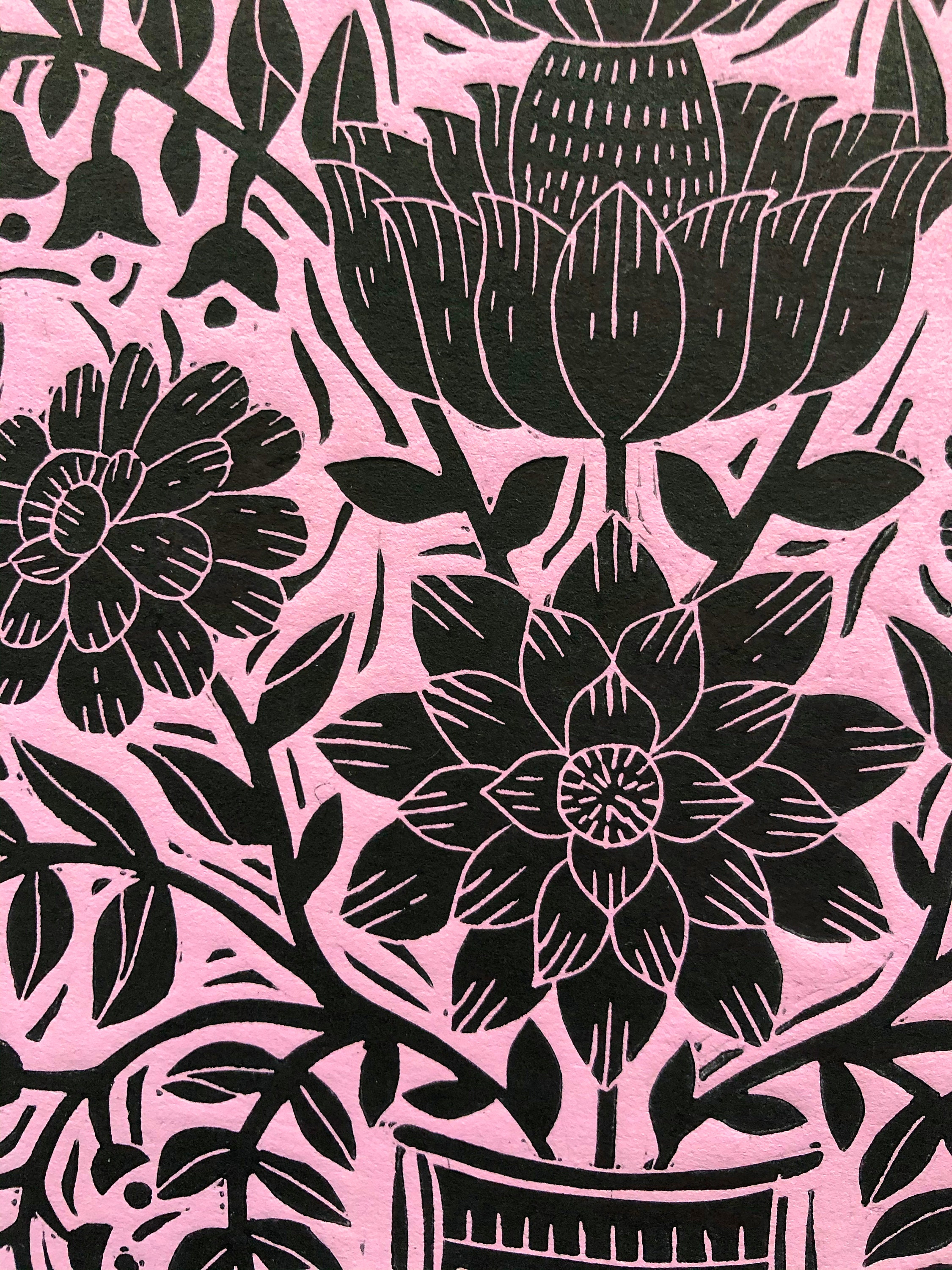 VASE 5 With PINK: Handmade Lino Print of Vase of Flowers - Etsy