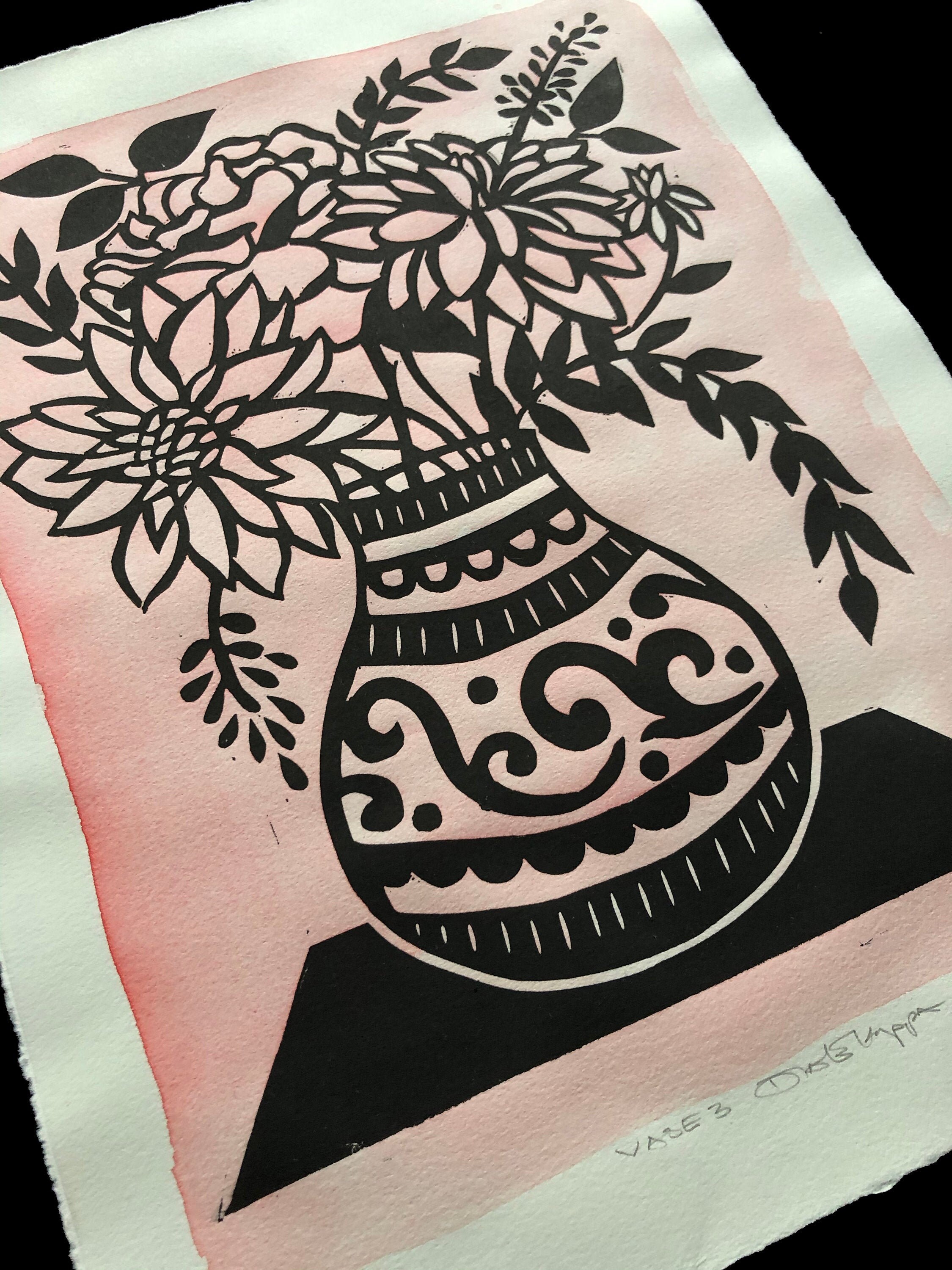 VASE 3 With PINK Watercolor Wash: Handmade Lino Print With Vase of ...