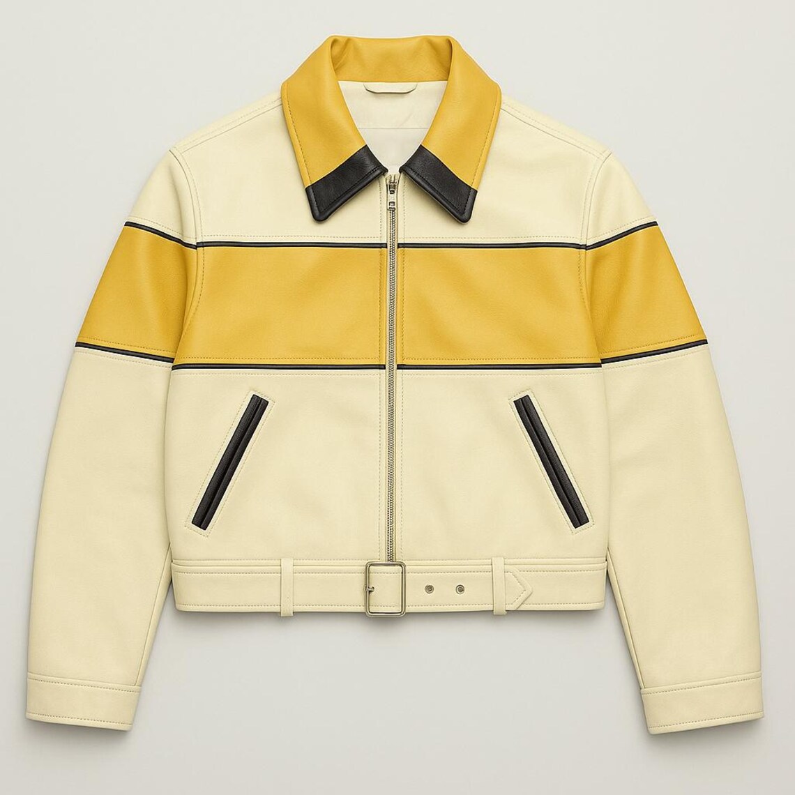 Vintage Yellow Leather Jacket for Men | Color Block Cream Mustard ...