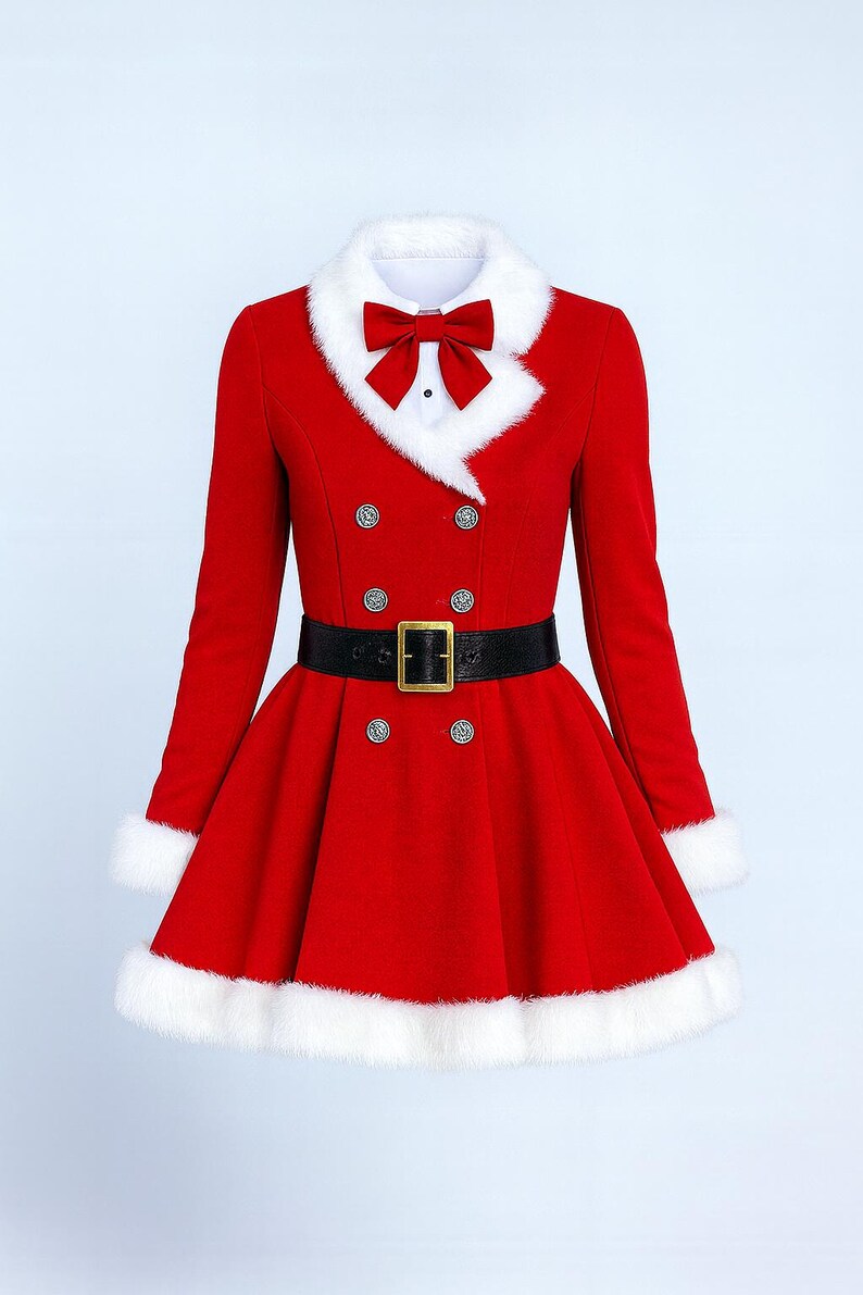 Red Wool Christmas Santa Dress for Women With Faux Fur Trim & Belt Mrs ...