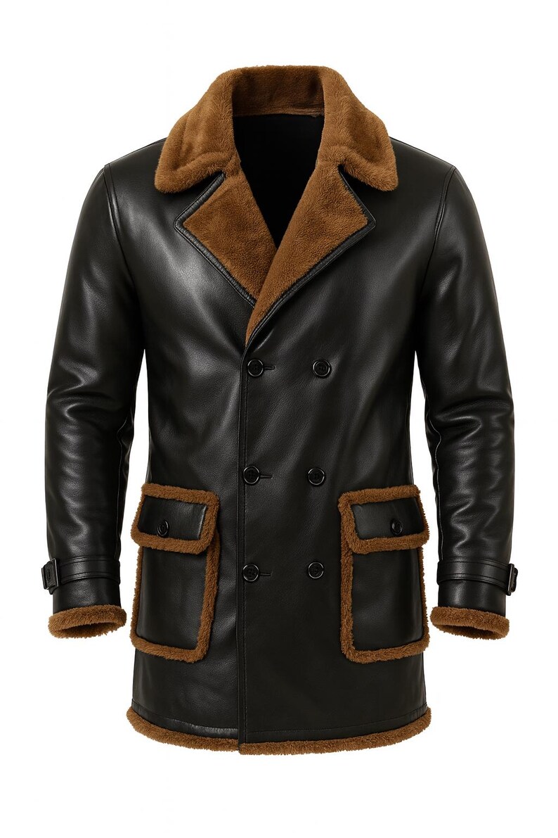 Men’s Black Faux Shearling Leather Coat | Winter Aviator Jacket ...
