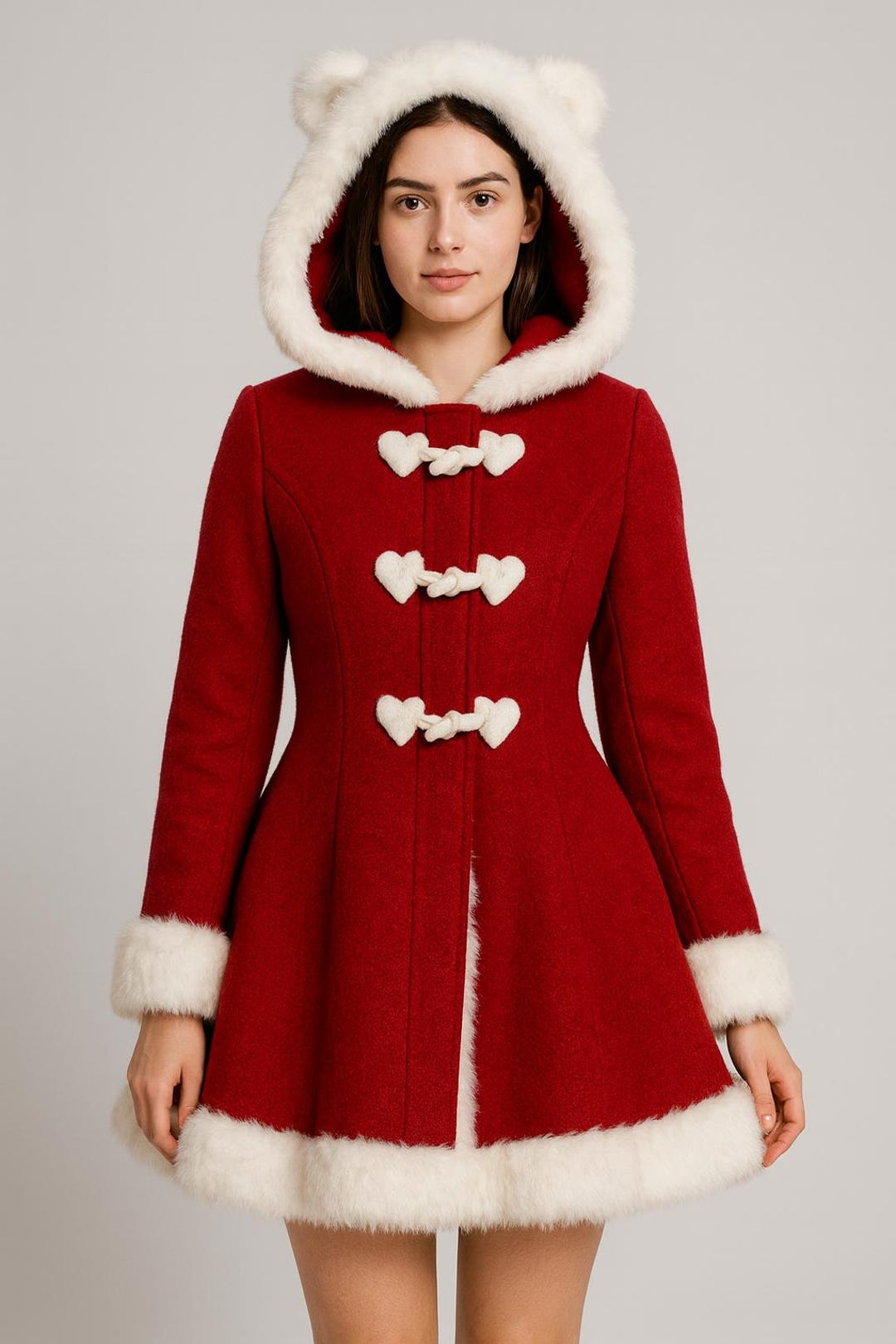 Christmas Red Wool Coat With Faux Fur Trim & Bear Ear Hood | Cute ...