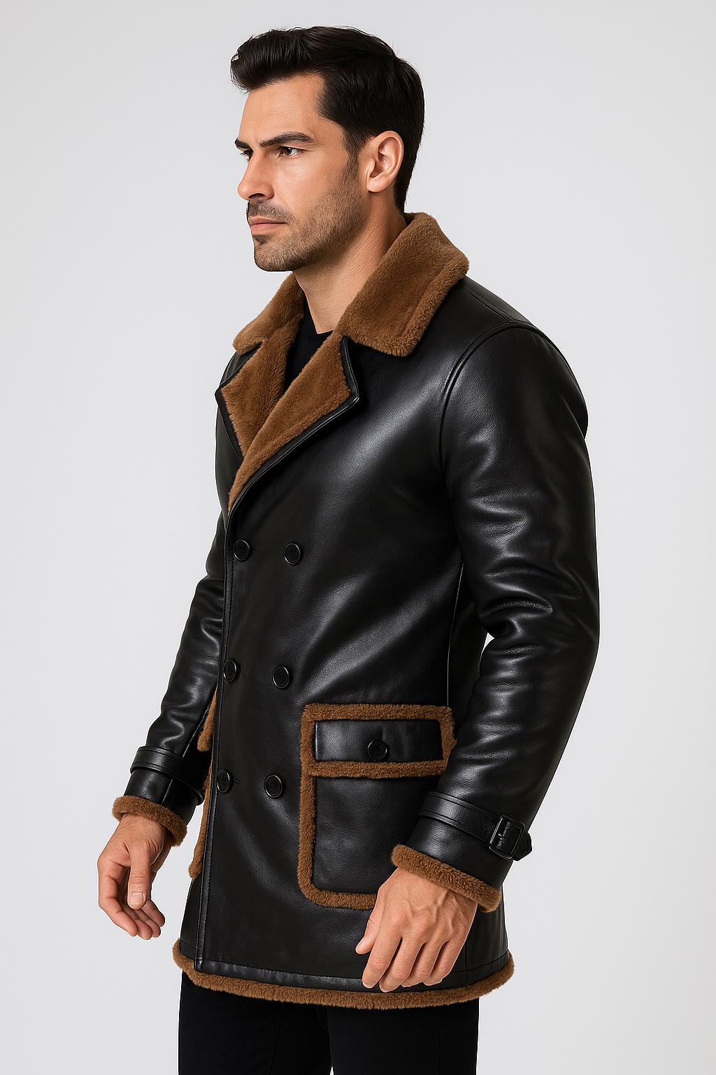 Men’s Black Faux Shearling Leather Coat | Winter Aviator Jacket ...