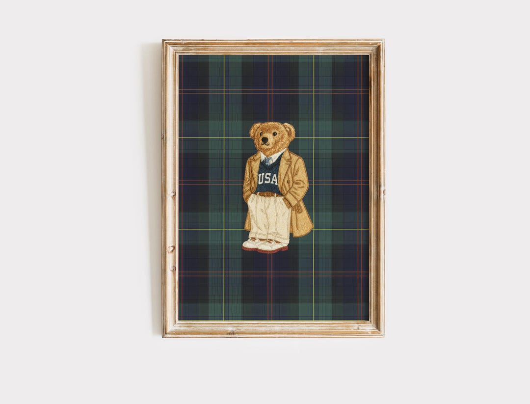 Vintage Preppy Plaid Teddy Bear Poster, Boy Room Wall Art, Sports Theme ...