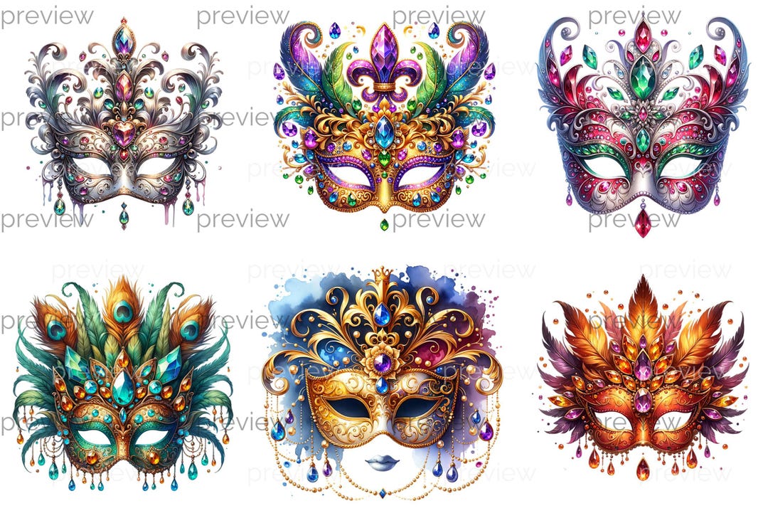 Mardi Gras Mask Clipart Set, Festival Mask Clipart, Masquerade Clipart ...