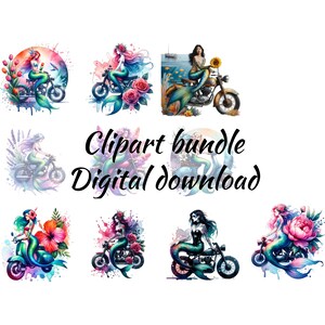 Floral Mermaid Motobike Clipart Bundle Set, Cute Mermaid PNG Design ...