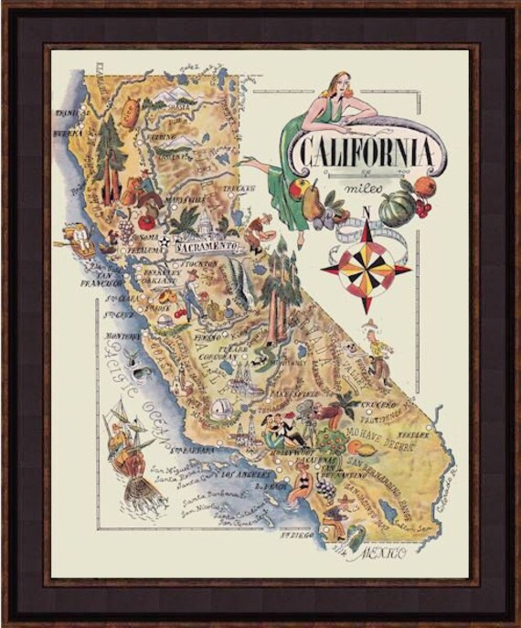Vintage 1940's Map of California Giclee Print | Etsy