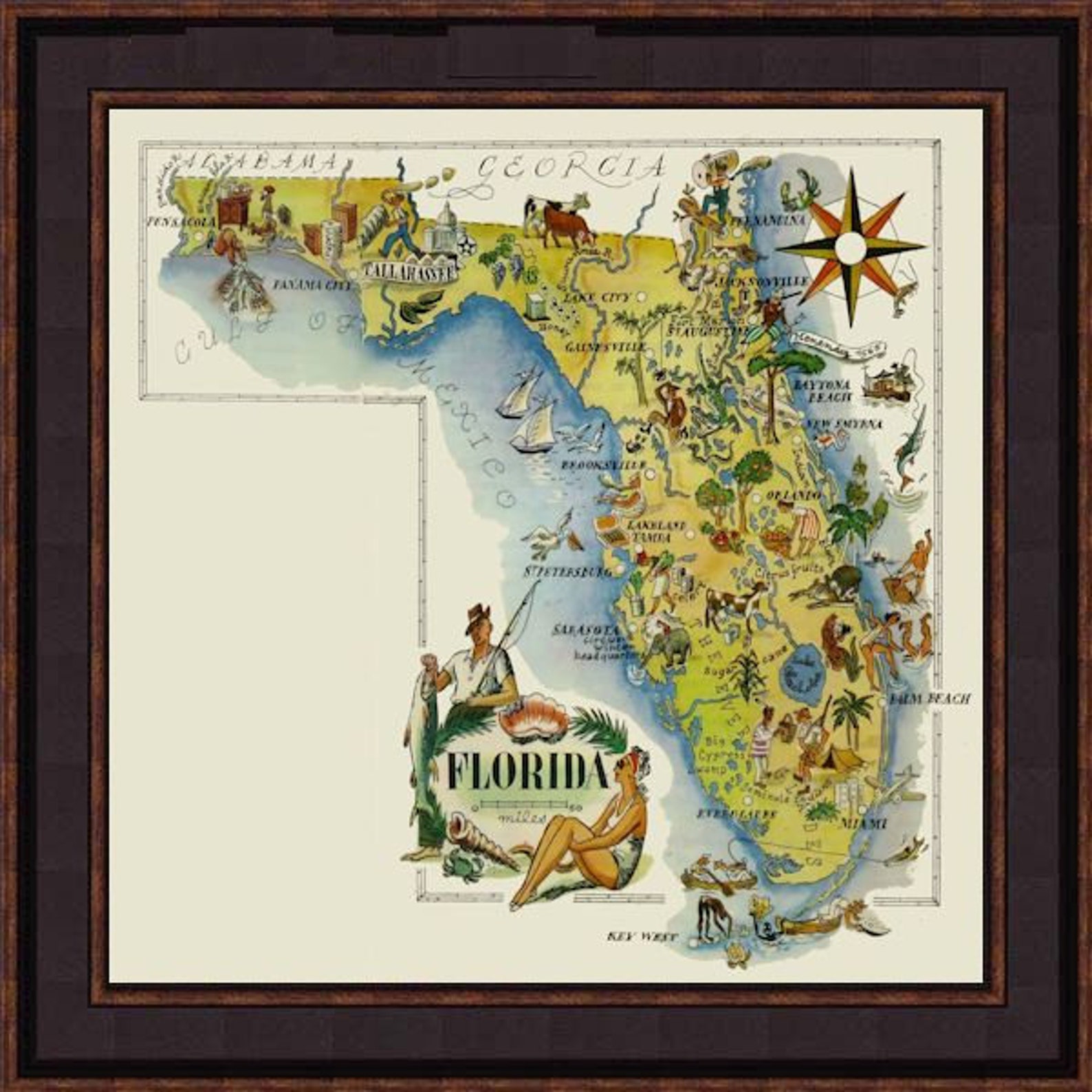Vintage 1940's Map of Florida Giclee Print - Etsy