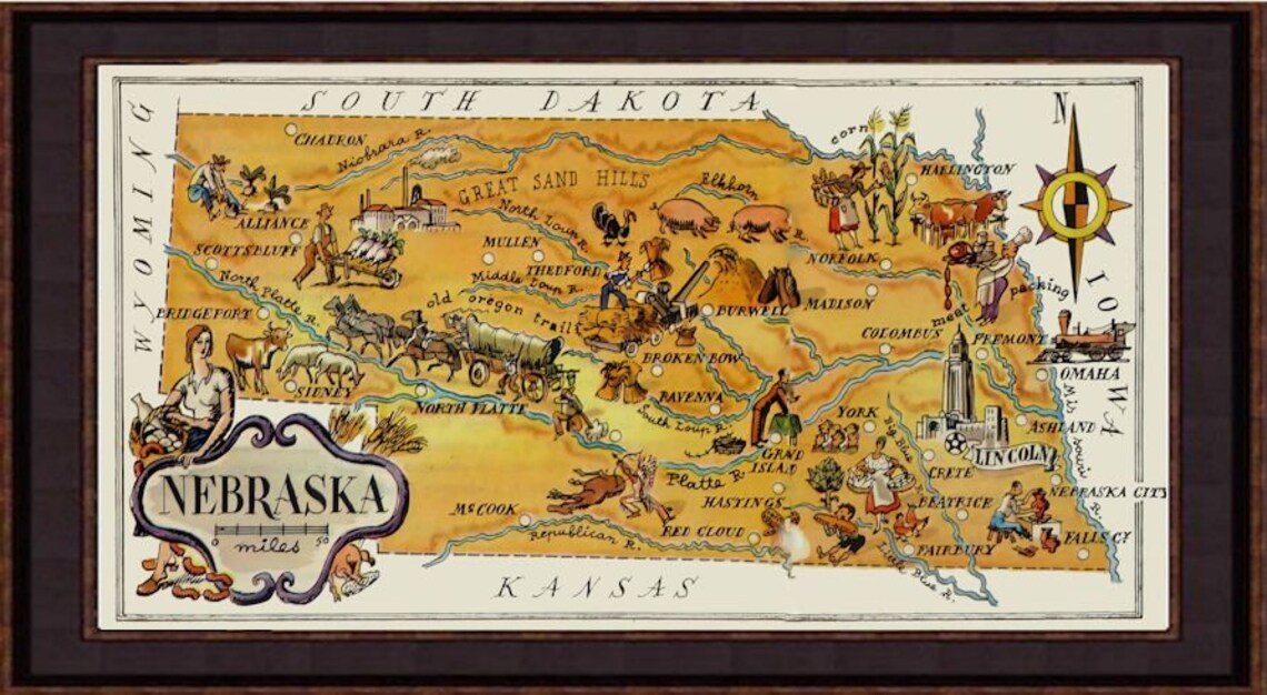 Vintage 1940's Map of Nebraska Giclee Print - Etsy