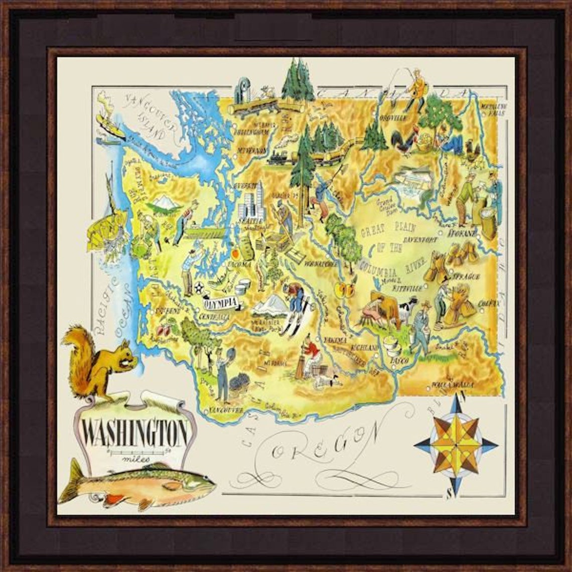 Vintage 1940's Map of Washington Giclee Print - Etsy