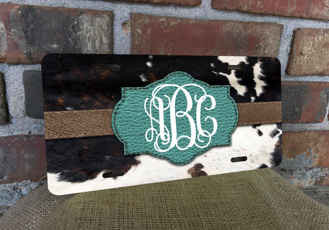 Monogram Cowprint, Turquoise Leather License Plate - Etsy