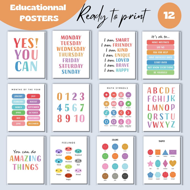 Set of Educational Poster, 12 Homeschool Print, Montessori Classroom ...