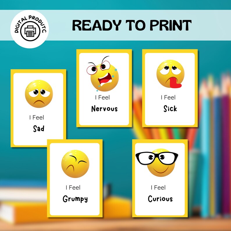 Cute Emoji Emotion Flashcards, 40 PDF Cards for Kids Therapy & Social ...