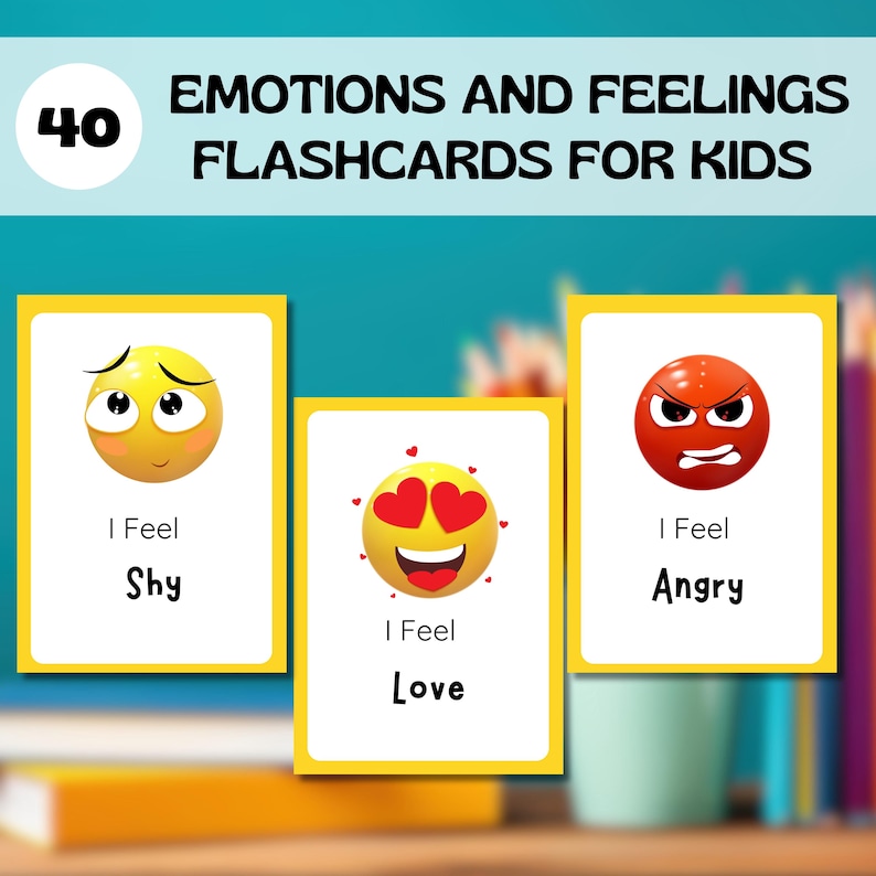 Cute Emoji Emotion Flashcards, 40 PDF Cards for Kids Therapy & Social ...
