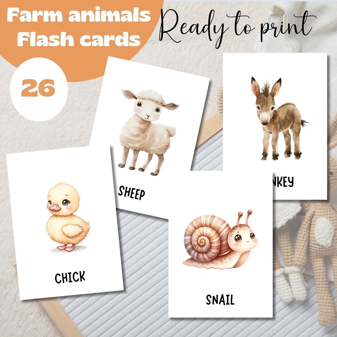 26 Farm Animals Cards, Montessori Flash Cards, Pre-school Cards ...