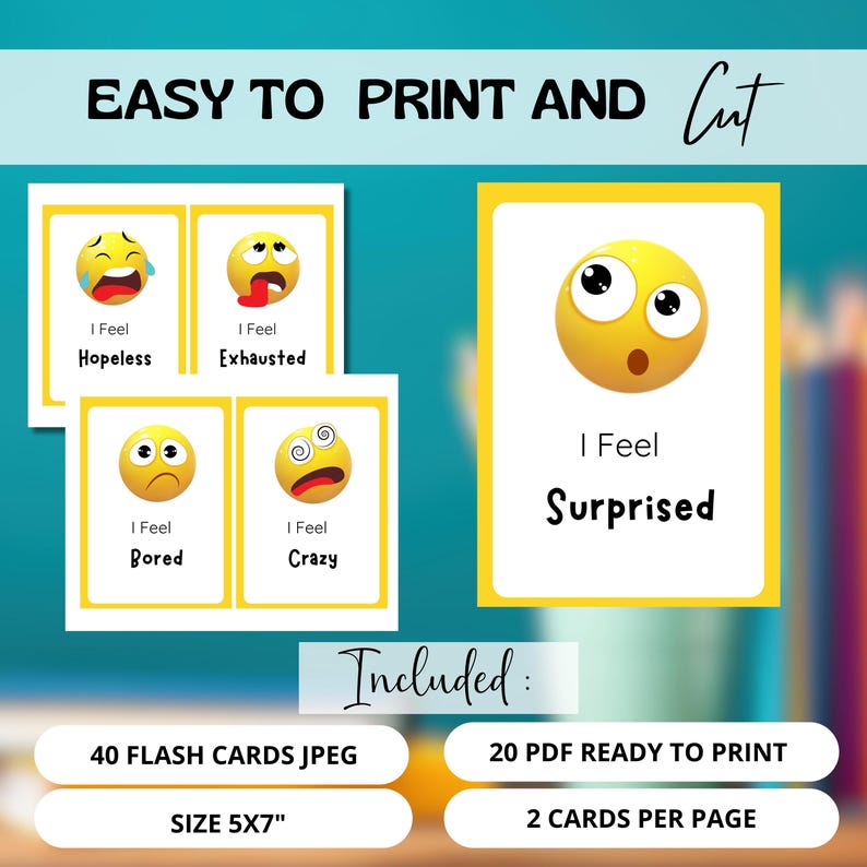 Cute Emoji Emotion Flashcards, 40 PDF Cards for Kids Therapy & Social ...
