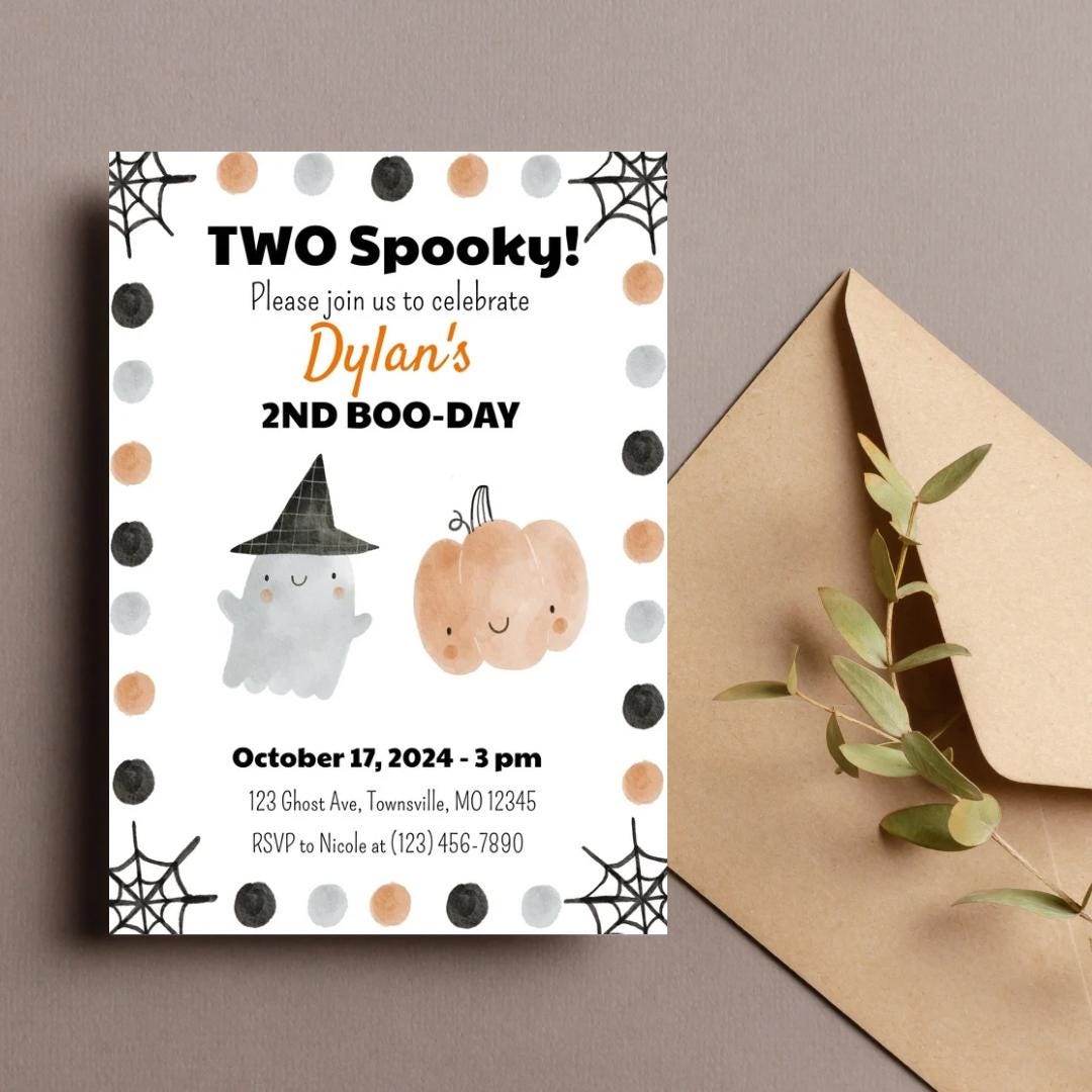 Two Spooky 2nd Boo-day Birthday Invitation. Halloween Theme. Ghost ...