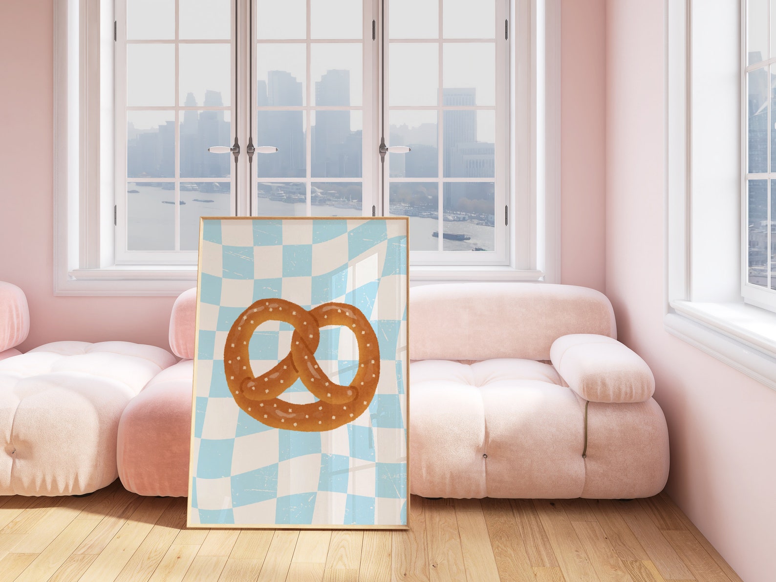Blue and White Checkered Pretzel Wall Art Digital Print, Retro Soft ...