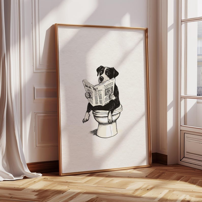 Funny Bathroom Digital Wall Art Print, Cute Dog Pooping Bathroom Poster ...