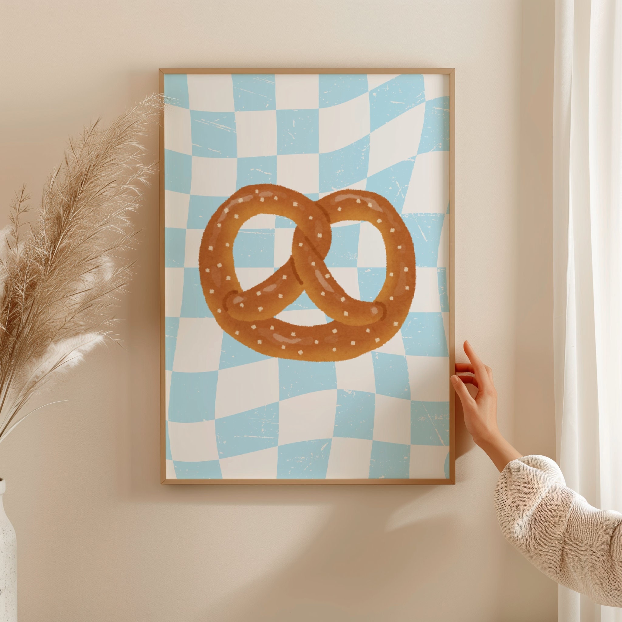 Blue and White Checkered Pretzel Wall Art Digital Print, Retro Soft ...