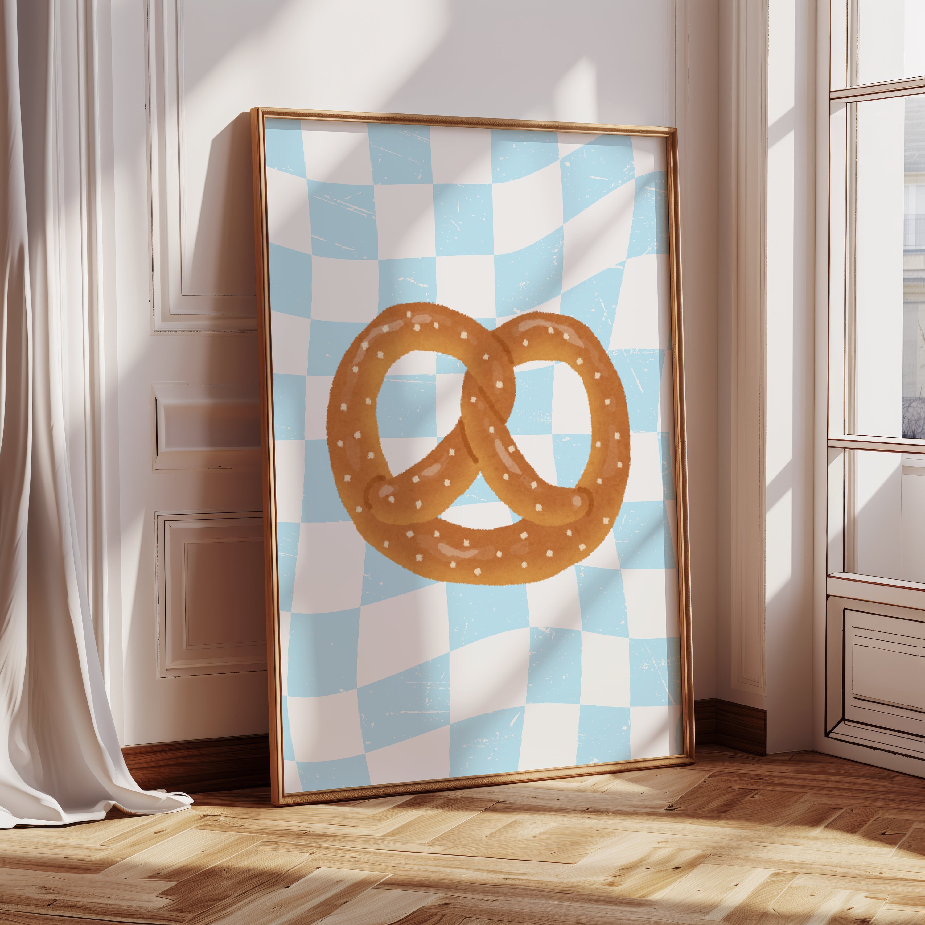 Blue and White Checkered Pretzel Wall Art Digital Print, Retro Soft ...