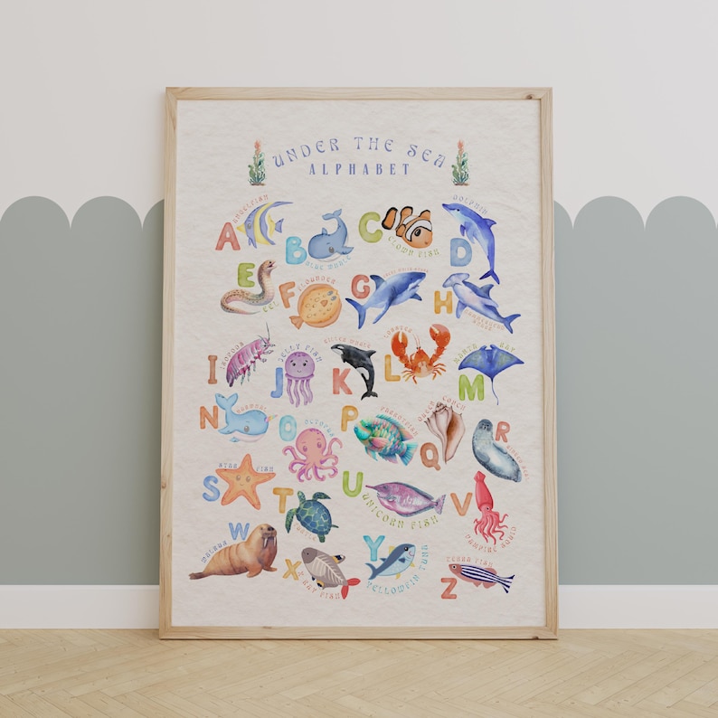 Sea Animal Alphabet Digital Wall Art Print, Ocean Animal Alphabet ...