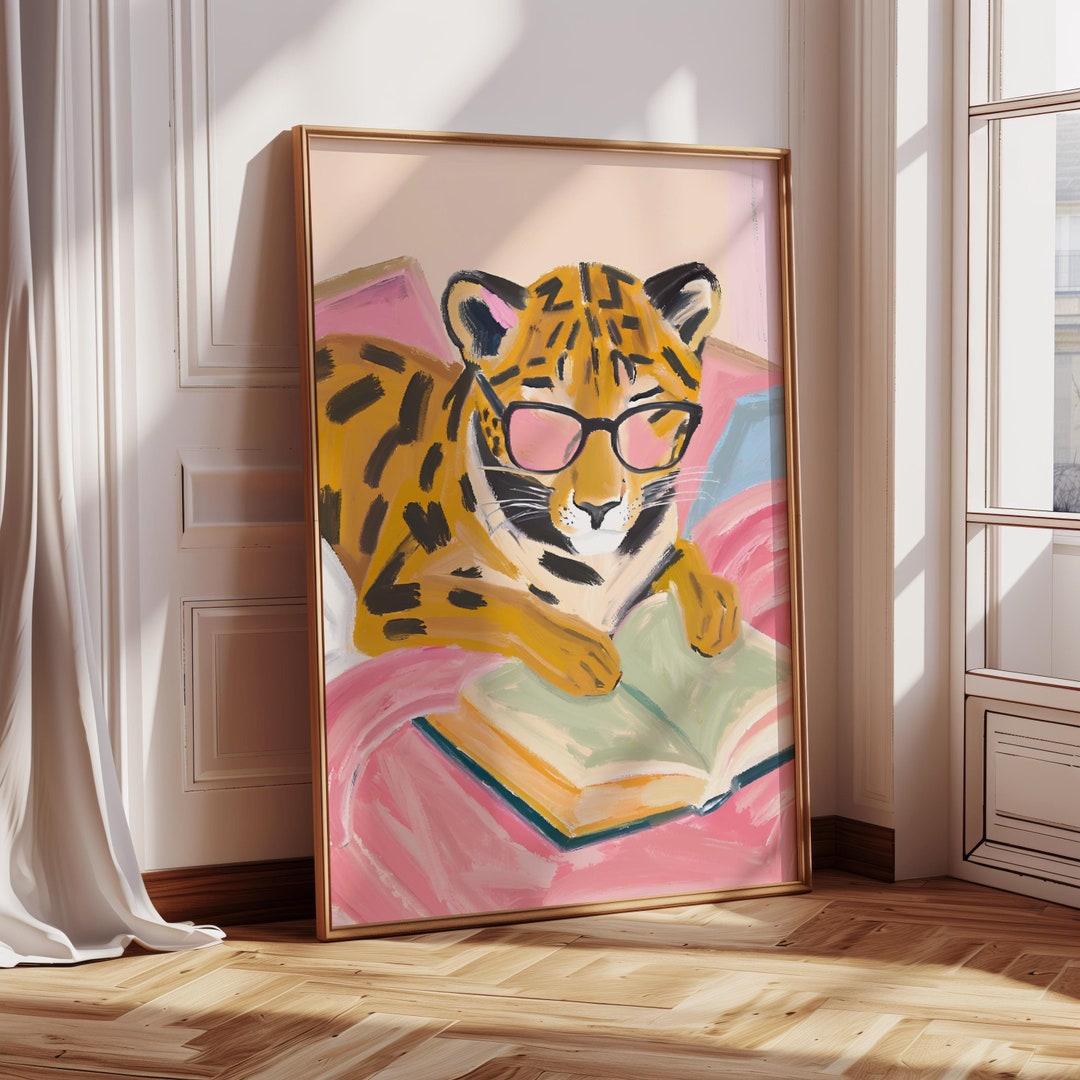 Aesthetic Leopard Reading Digital Wall Art Print, Trendy Bookshelf ...